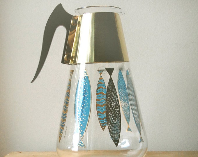 Vintage Midcentury Modern Fred Press Glass Carafe With Aqua and Gold ...