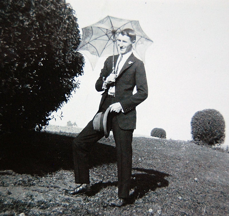Vintage Photo Dandy Man With Umbrella Parasol and Hat Outdoors Snapshot ...
