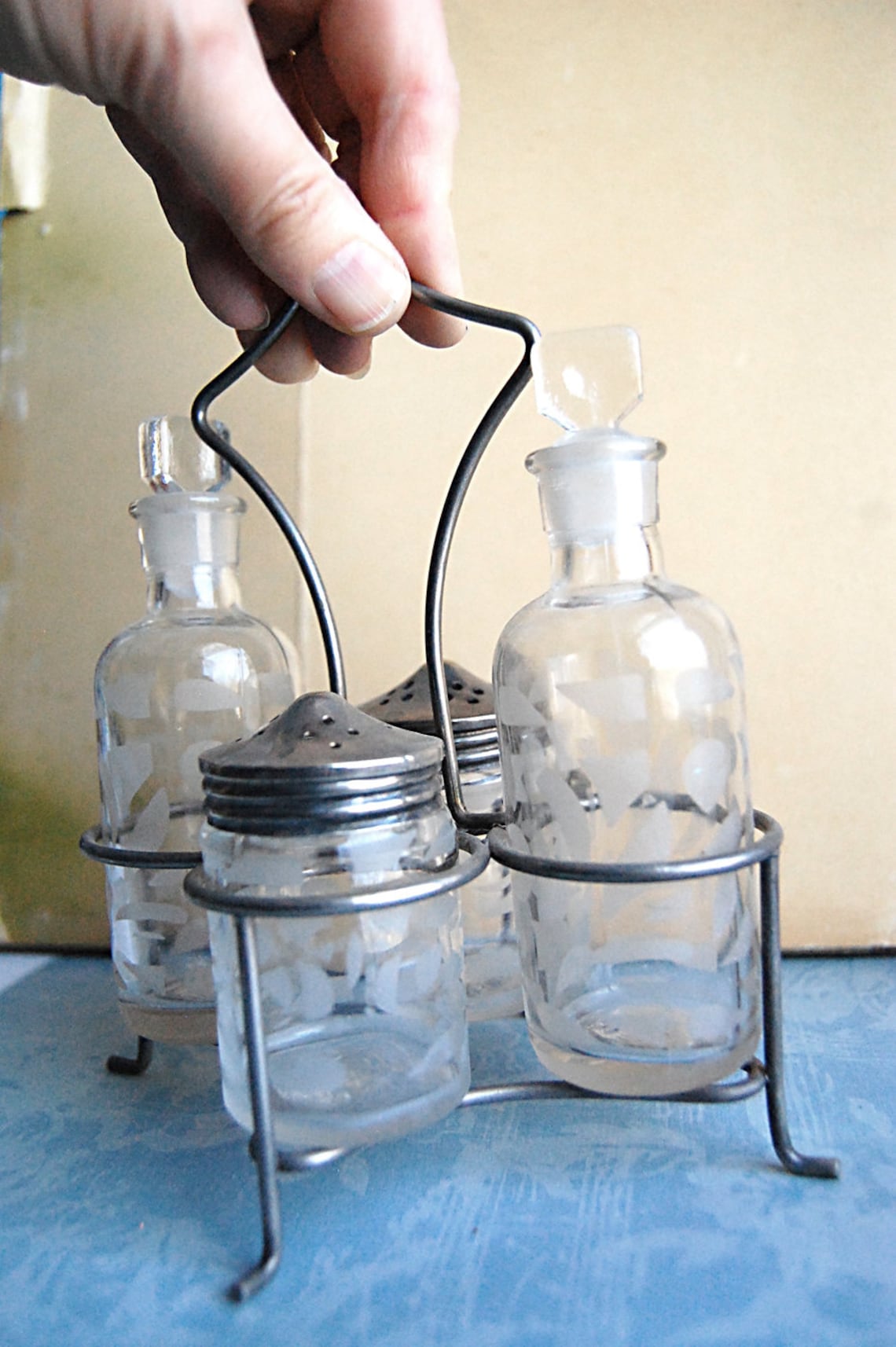 Vintage Cruet Set Frosted Glass and Silver Plate Glass Bottles and Salt ...