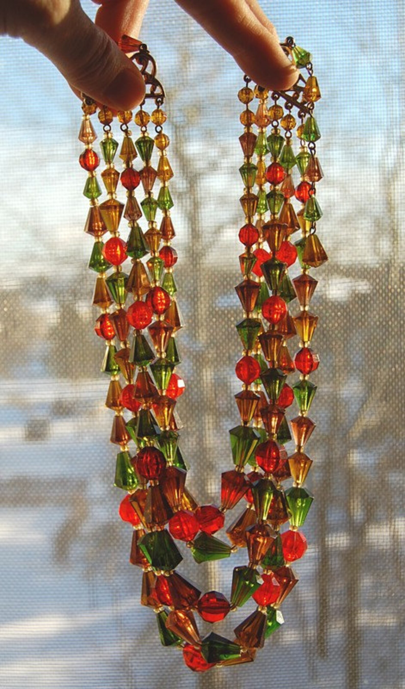 Vintage Five Strand Shiny Retro Necklace With Red Brown Green Yellow ...