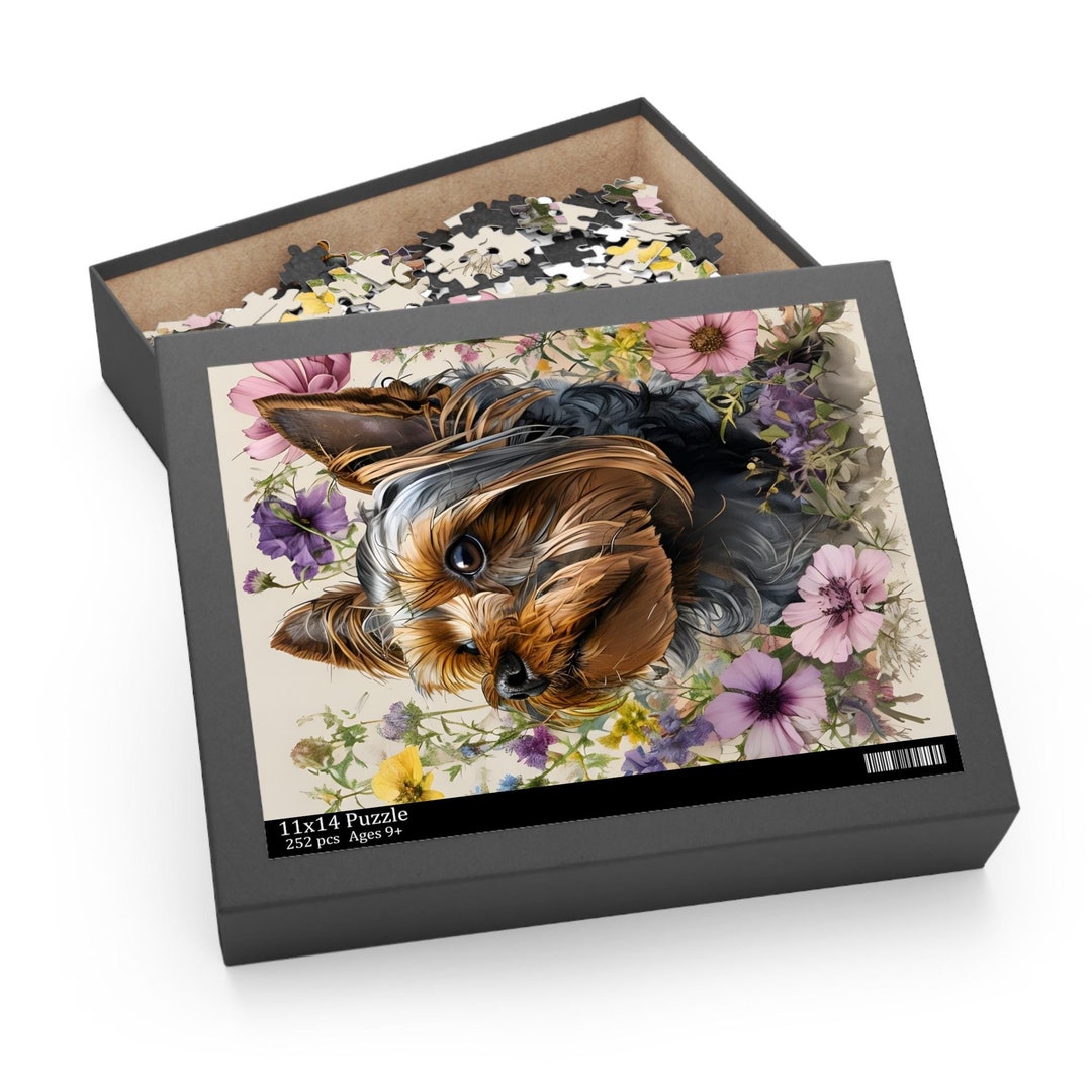 Table Game Puzzle With Yorkie Dog Face Flowers and Plants Puzzle ...