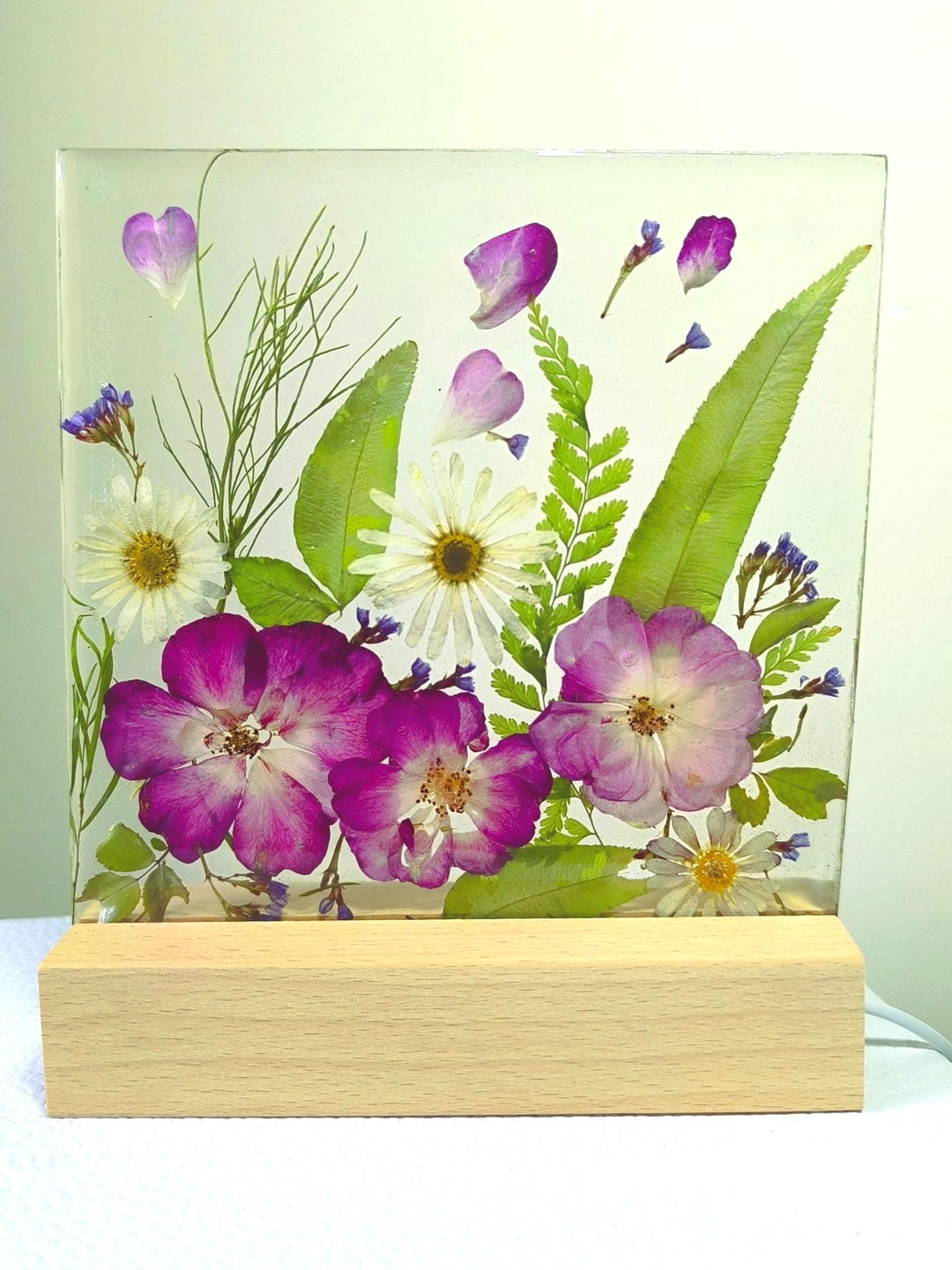 Pressed Real Flowers Epoxy Resin Lamp Daisies Roses Fern Botanical ...