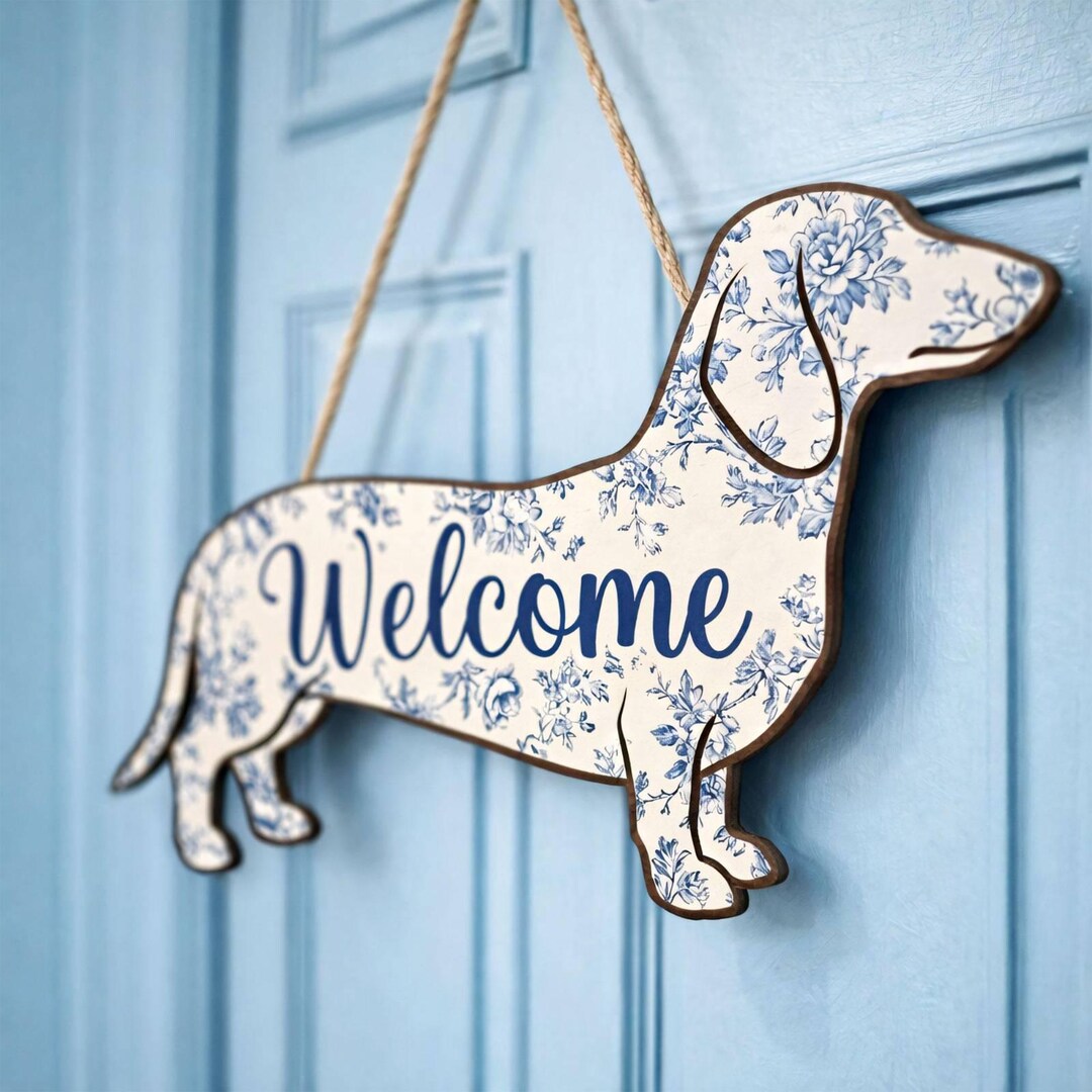 Chinoiserie Dachshund Welcome Door Sign, Blue Floral Dog Silhouette ...