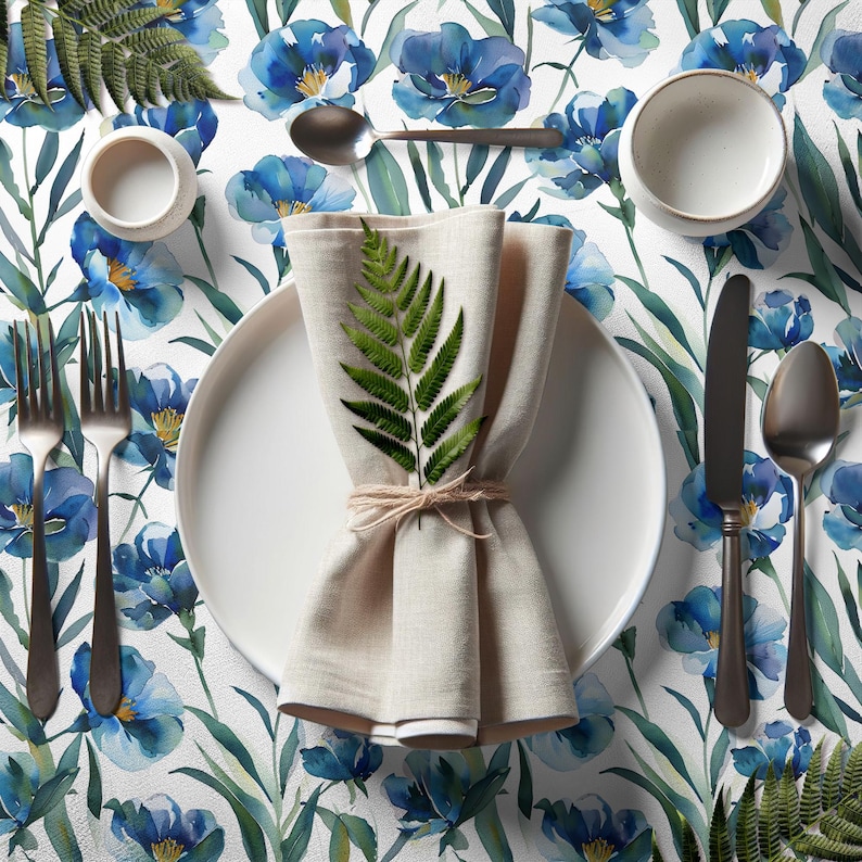 Blue Floral Tablecloth – Watercolor Flower Table Cloth – Elegant Table ...