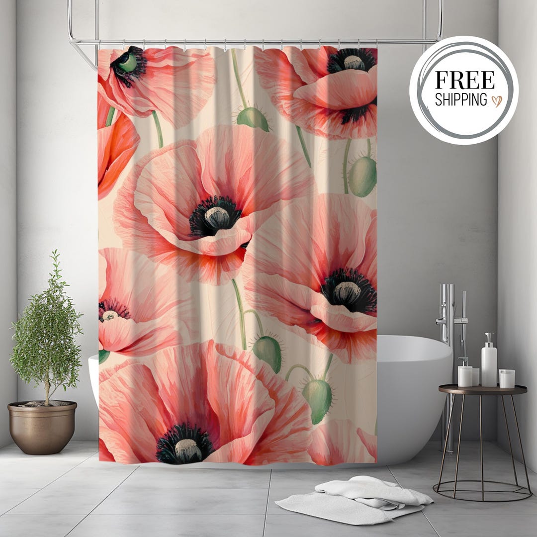 Shower Curtain, Poppy Flower Print, Watercolor Poppies Bathroom Decor ...