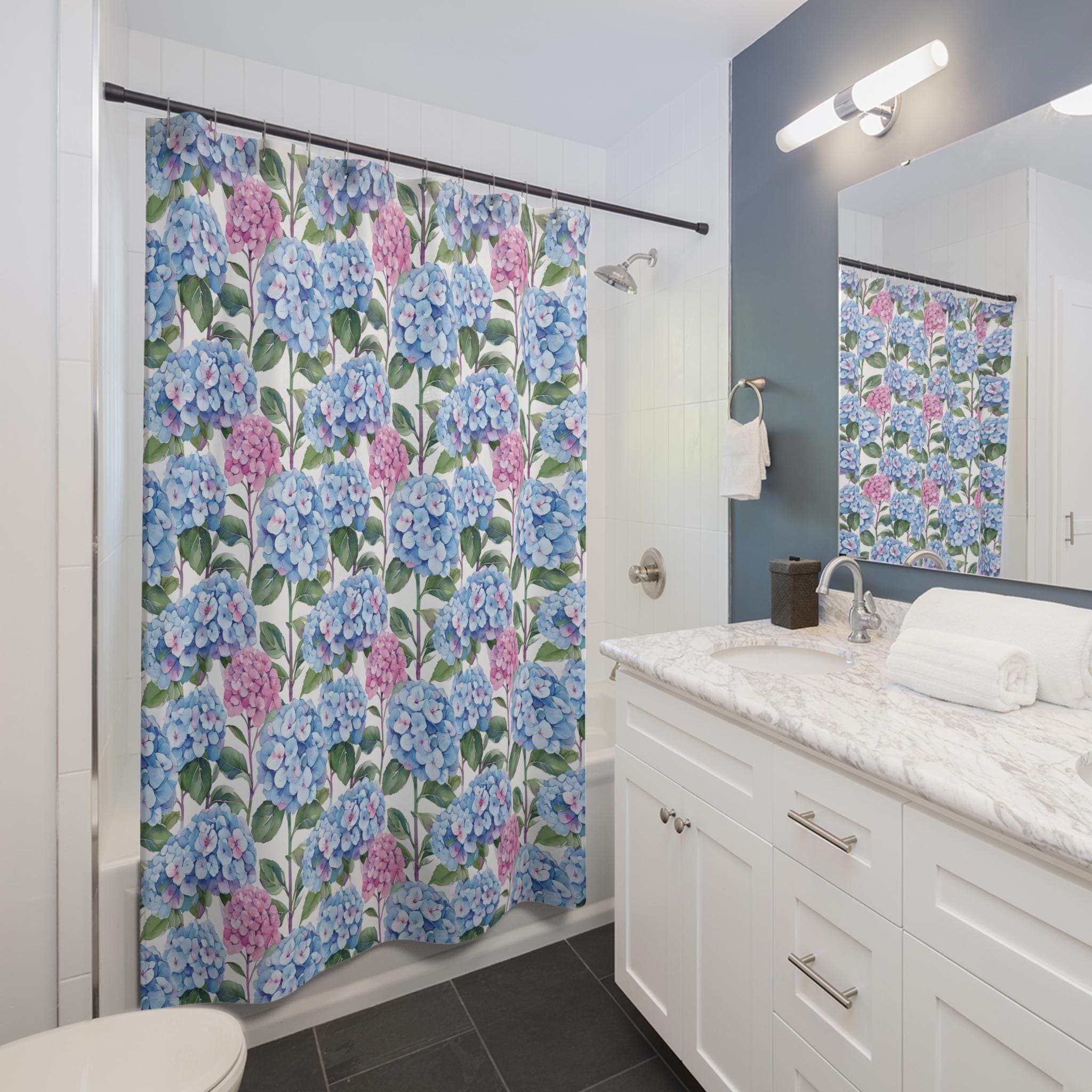 Hydrangea Floral Shower Curtain – Blue & Pink Watercolor Flowers ...