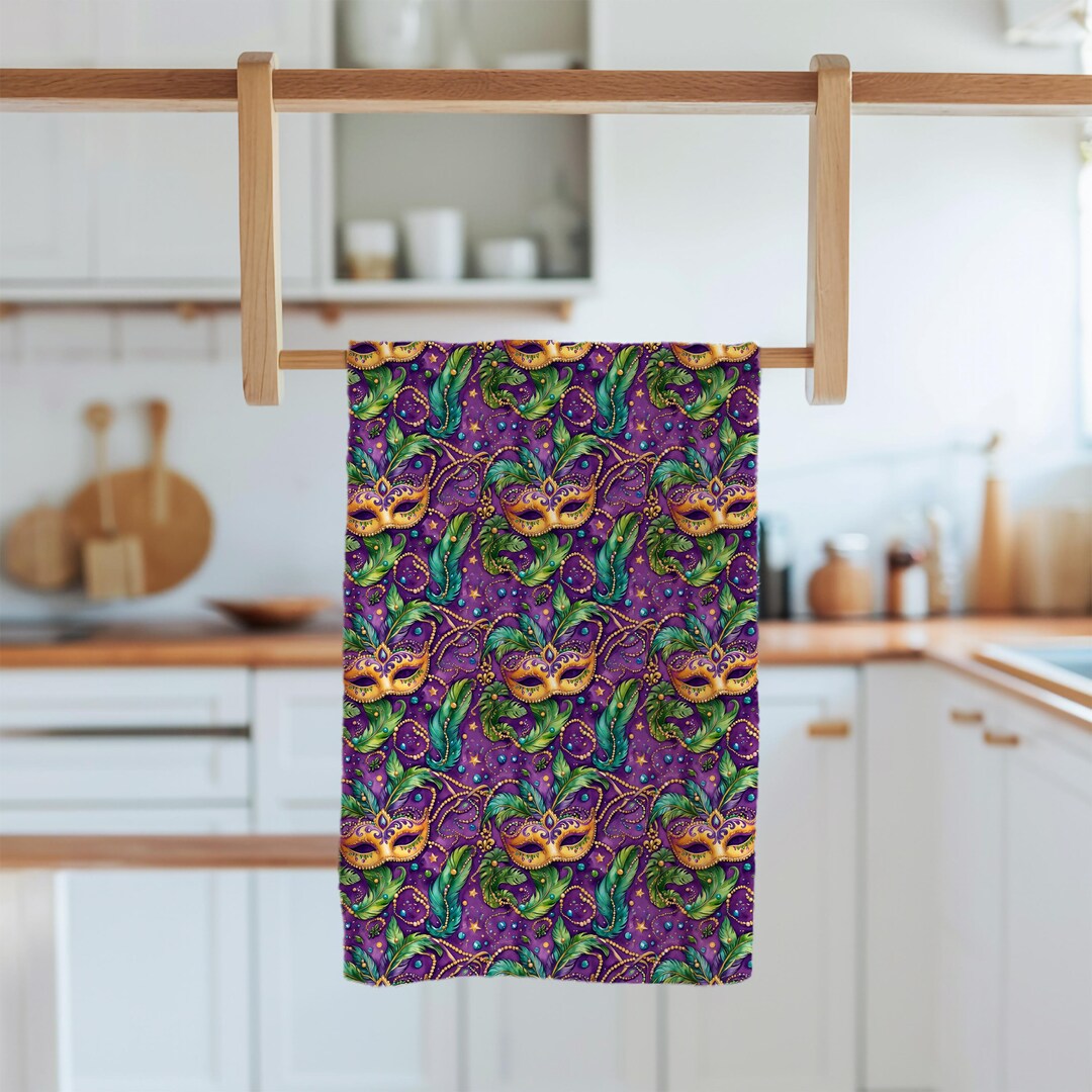 Mardi Gras Tea Towel W/ Masks, Feathers & Beads | Fat Tuesday Carnaval ...