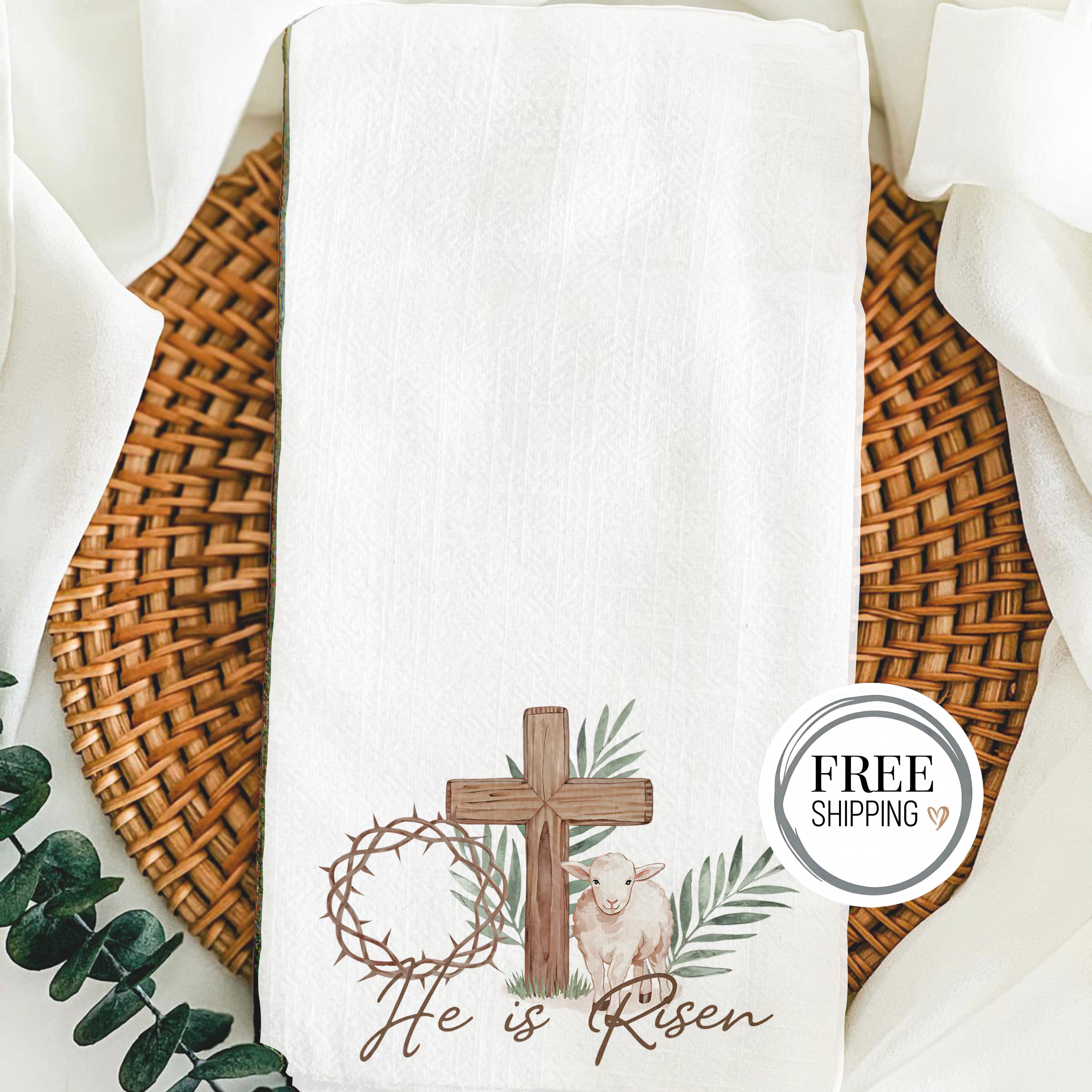 He is Risen Tea Towel, Christian Easter Cross, Sheep & Crown of Thorns ...
