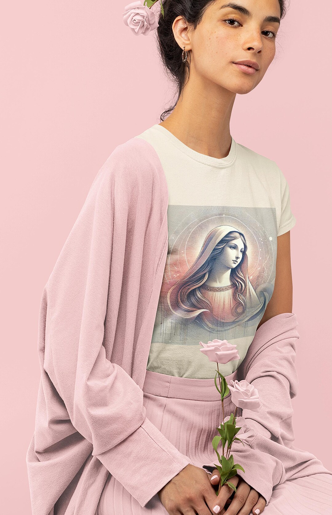 Virgin Mary Graphic Tee, Celestial Religious Shirt, Unisex Short Sleeve ...