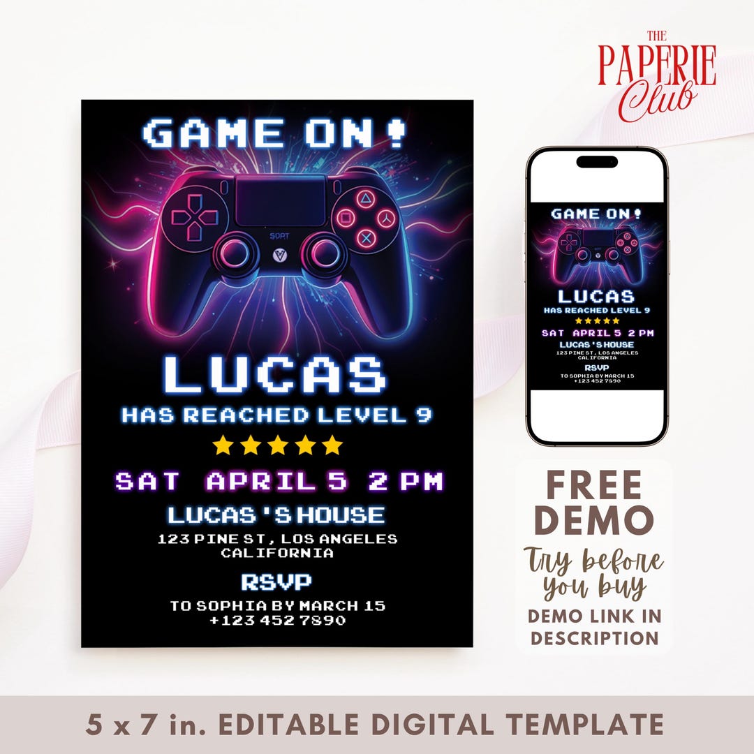 Editable Video Game Party Invitation Level up Birthday Invite Gamer Boy ...