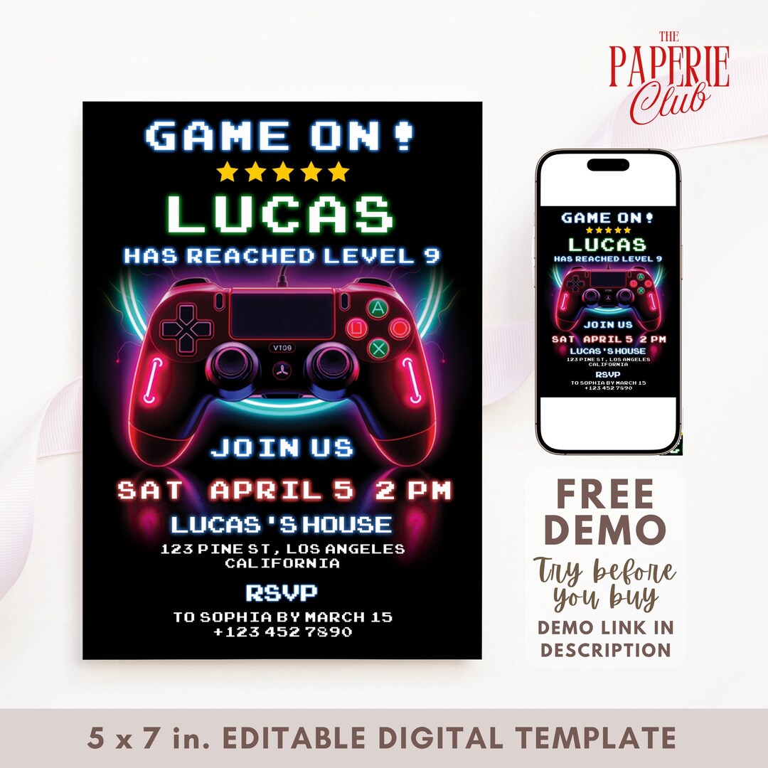 Editable Video Game Party Invitation Level up Birthday Invite Gamer Boy ...