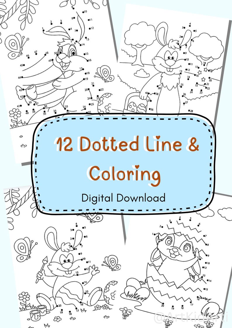 Easter Tracing Coloring Pages, Rabbit Dotted Lines (digital Download ...