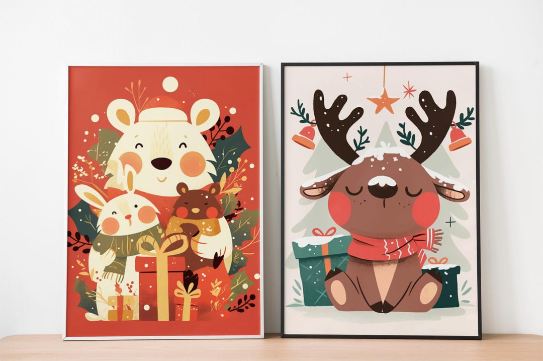 8 Christmas Cartoon Art, Christmas Set, Adorable Art, Nursery Art, Wall ...