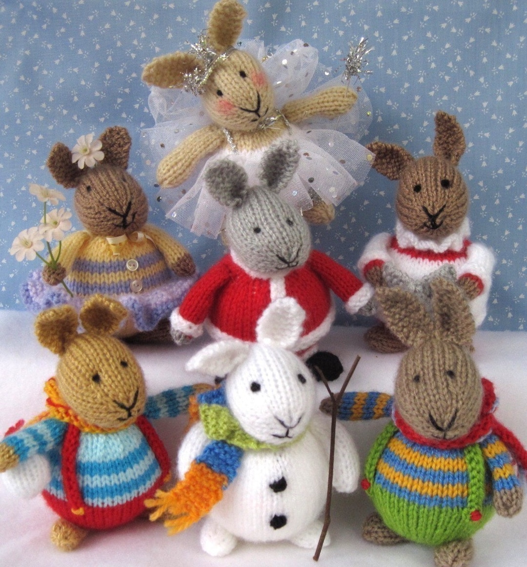 6 Winter Bunnies - 6" (15cm) - Knitted Flat on 2 Needles - DK YARN Doll ...