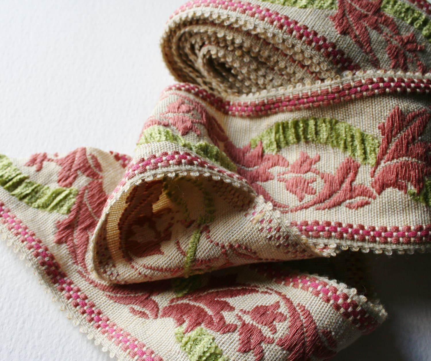 WIDE Vintage Trim Wide Dusky Pink and Lime Green Leaf and - Etsy