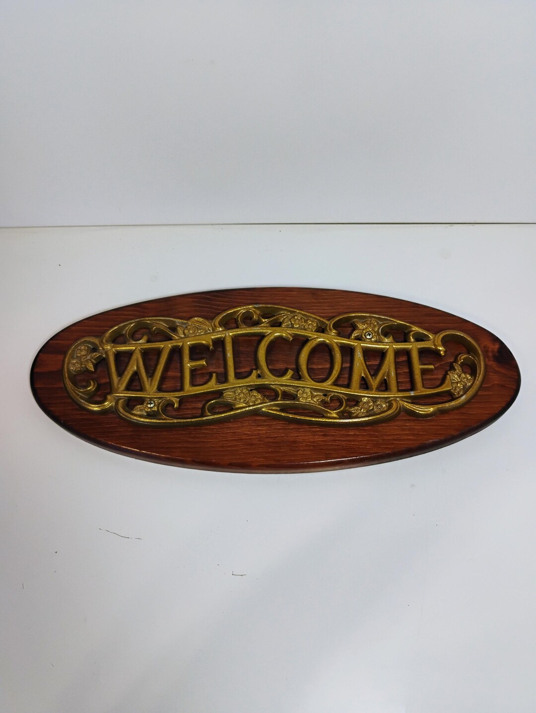 MCM Wood and Brass Oval Welcome Sign. - Etsy