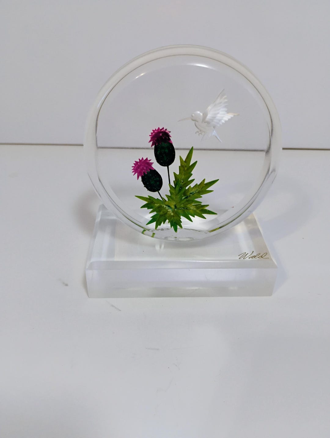 Lucite Acrylic Hummingbird Thistle Paperweight Signed Wald - Etsy