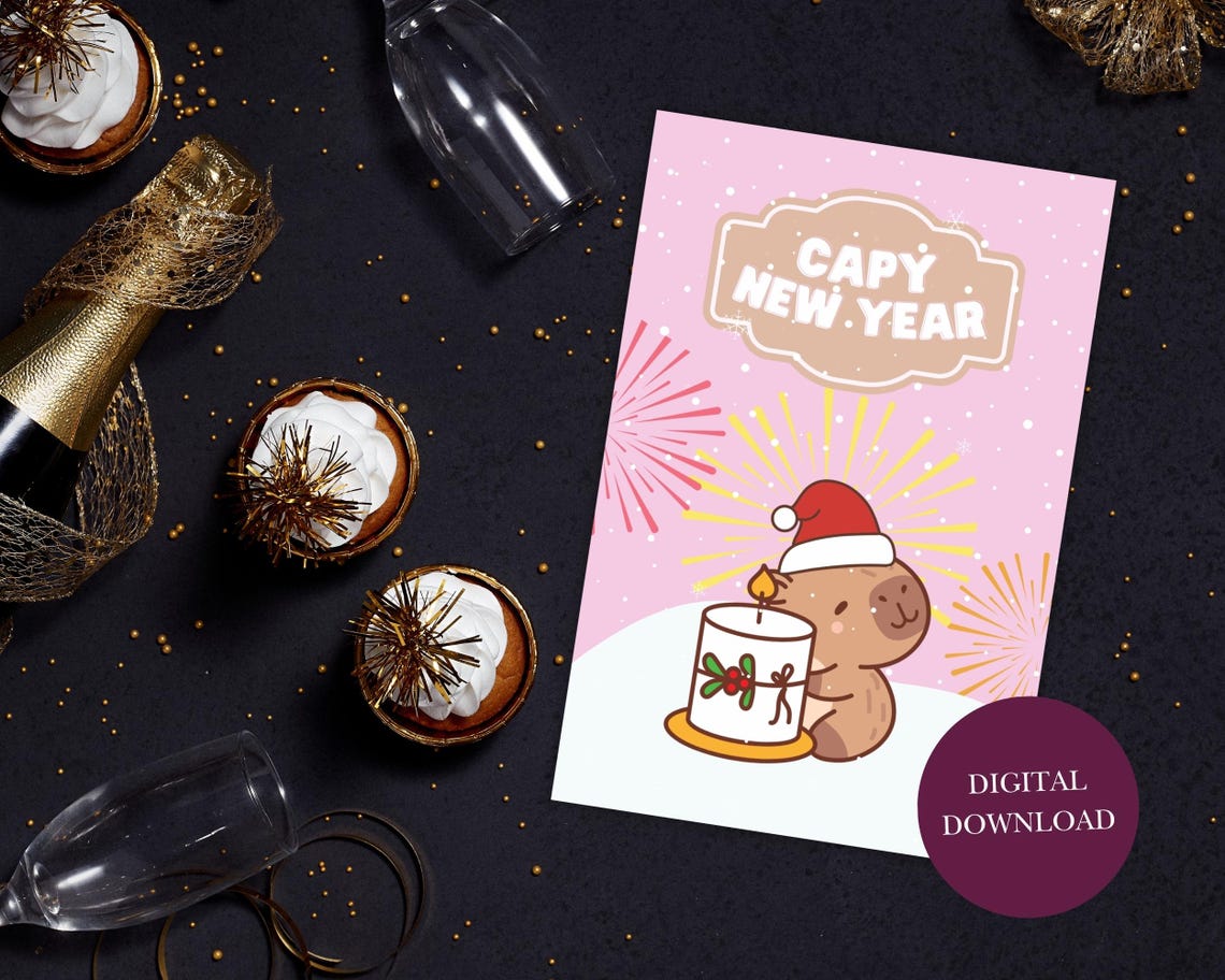 Printable New Year's Card, Capybara Holiday Card, Digital New Year Card ...
