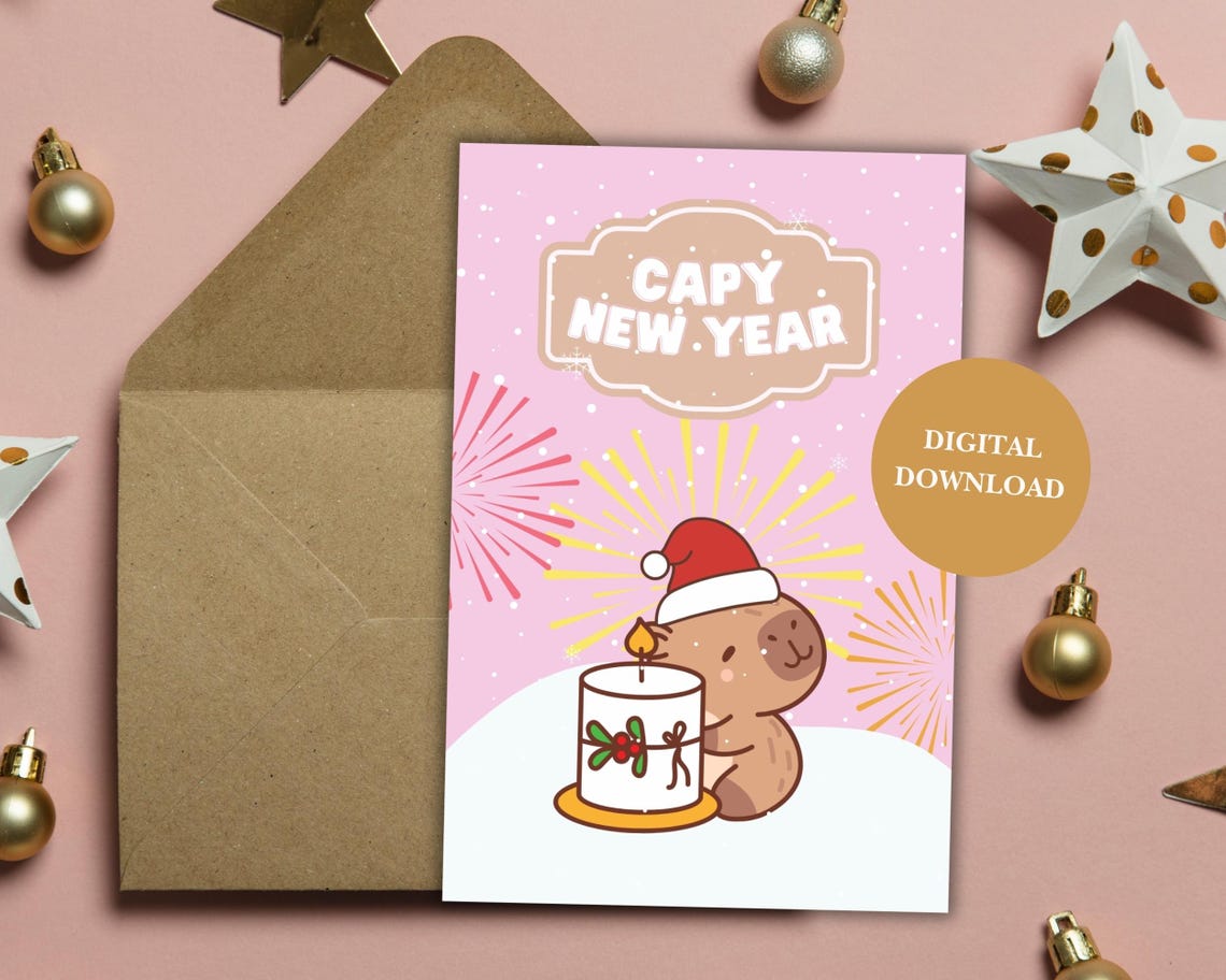 Printable New Year's Card, Capybara Holiday Card, Digital New Year Card ...