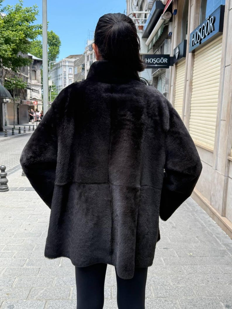 Oversized Black Shearling Leather Coat, Reversible Turkish Sheepskin ...