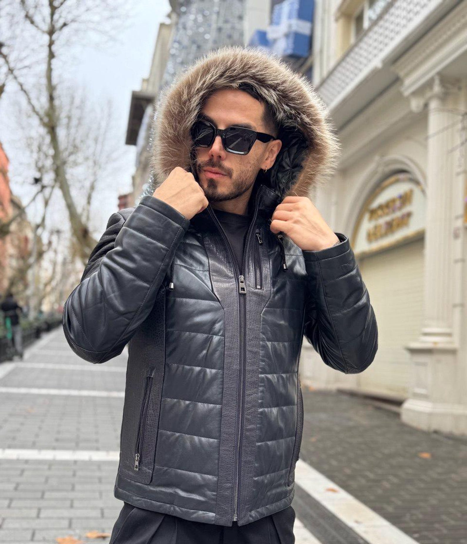 Men's Lambskin Leather Jacket With Genuine Fox Fur Trim – Quilted ...