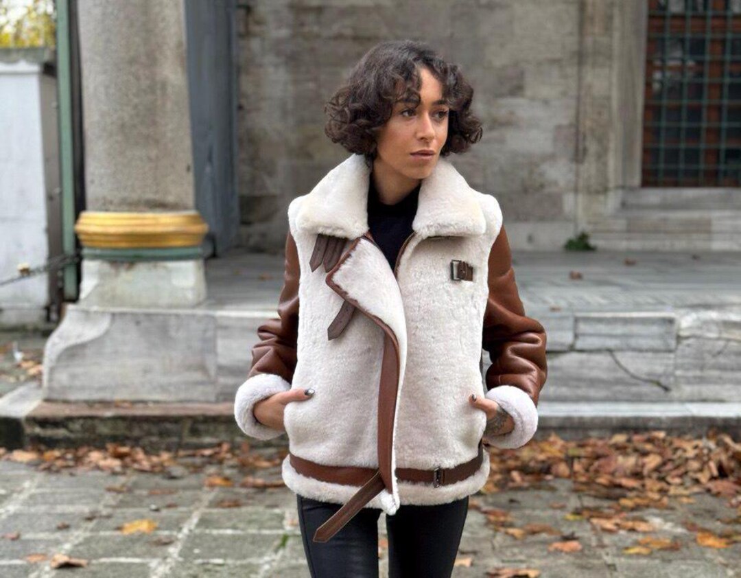 Women's Sheepskin Biker Jacket Aviator Shearling Coat Luxurious Brown ...