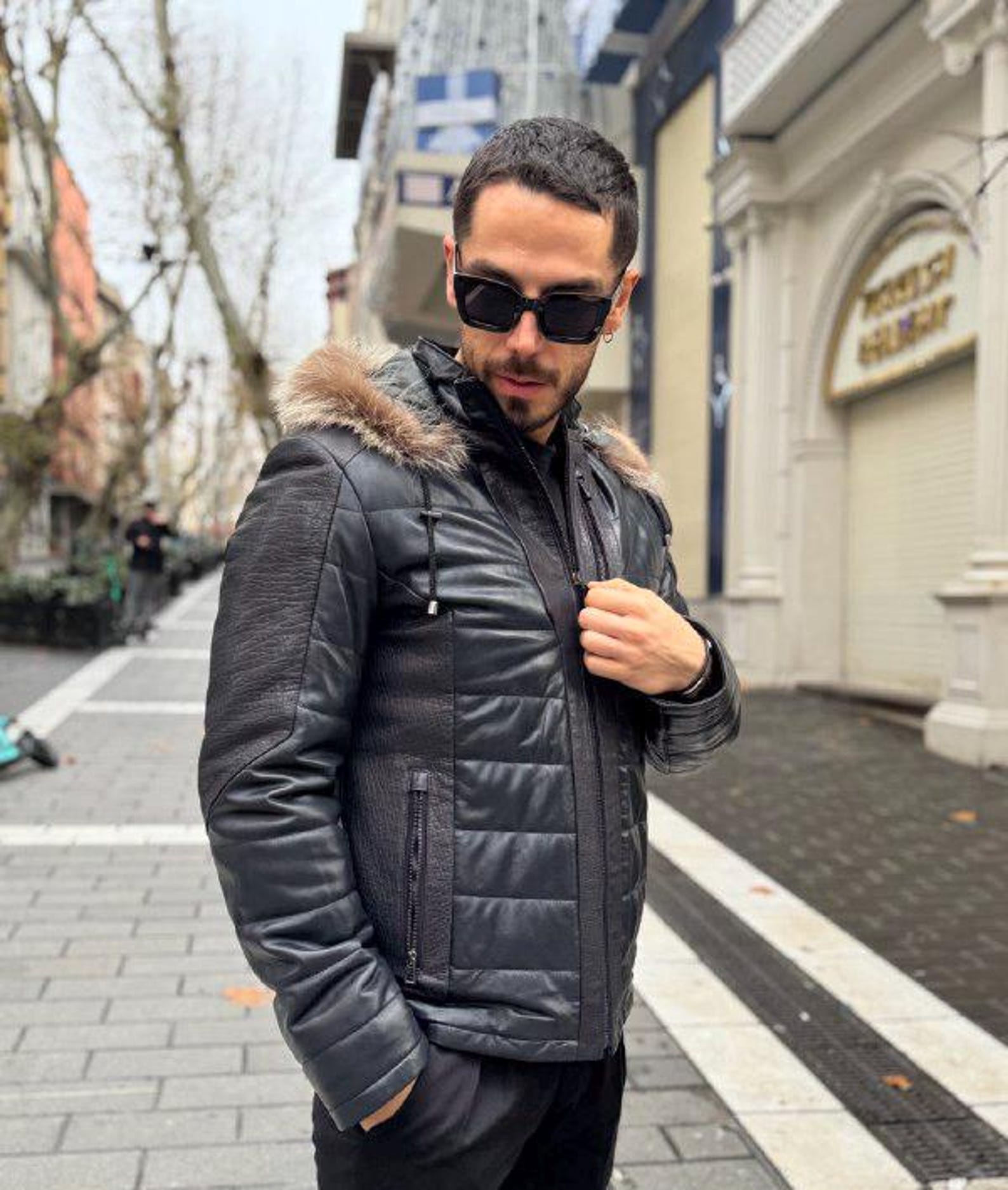 Men's Lambskin Leather Jacket With Genuine Fox Fur Trim – Quilted ...