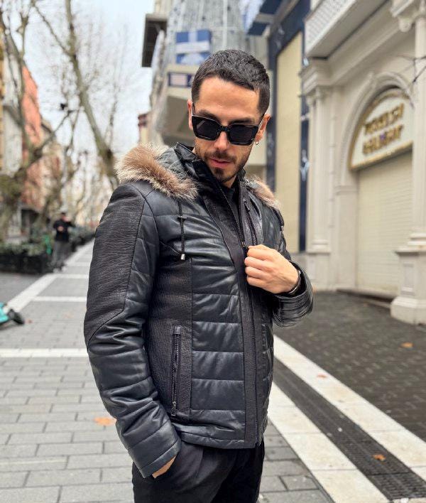 Men's Lambskin Leather Jacket With Genuine Fox Fur Trim – Quilted ...