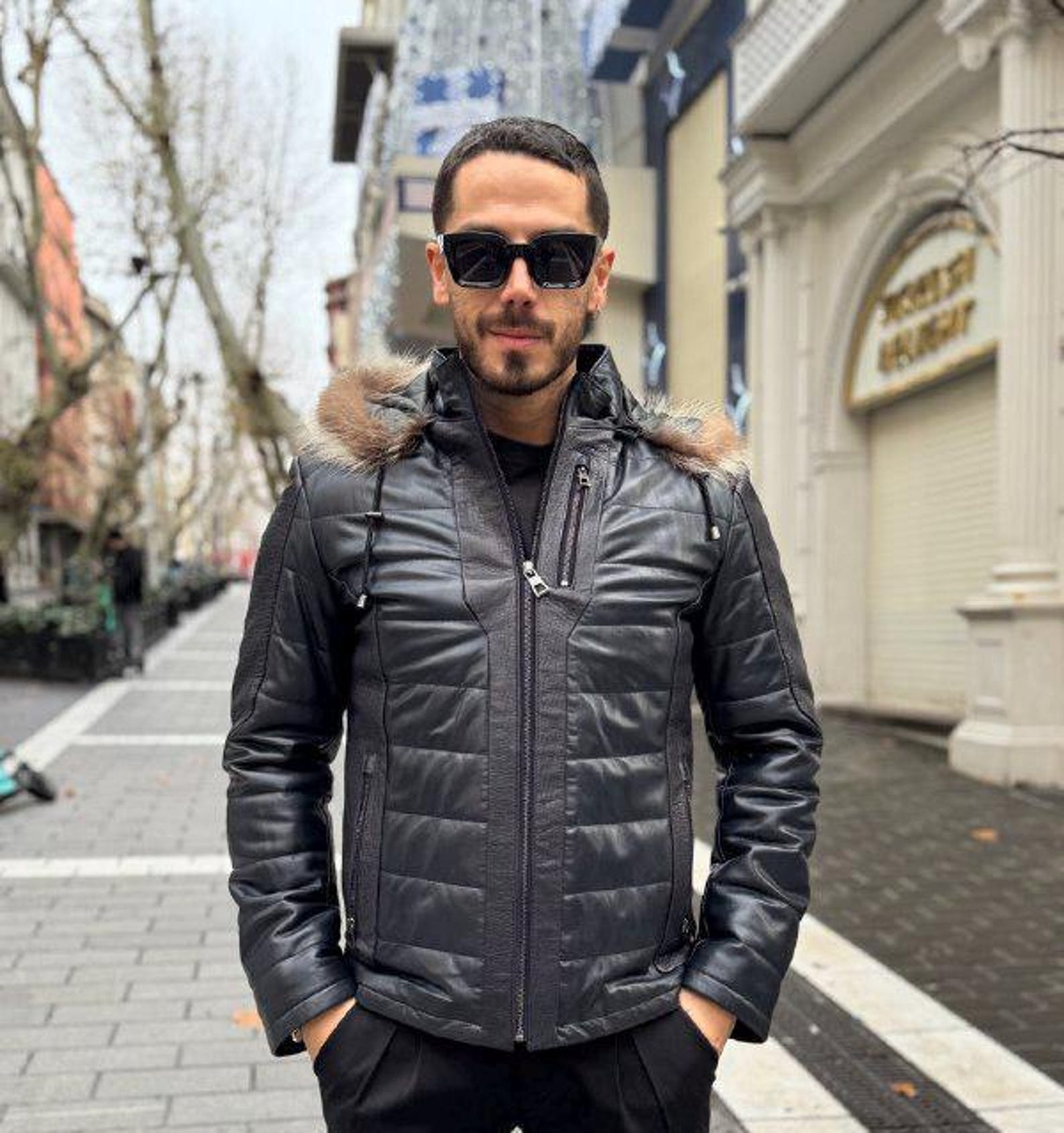 Men's Lambskin Leather Jacket With Genuine Fox Fur Trim – Quilted ...