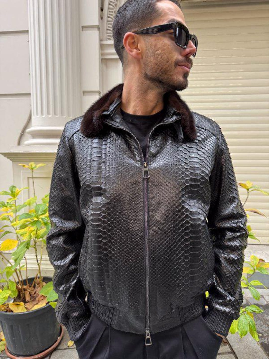 Men’s Python Skin Jacket With Real Mink Fur Collar-unique Handmade ...