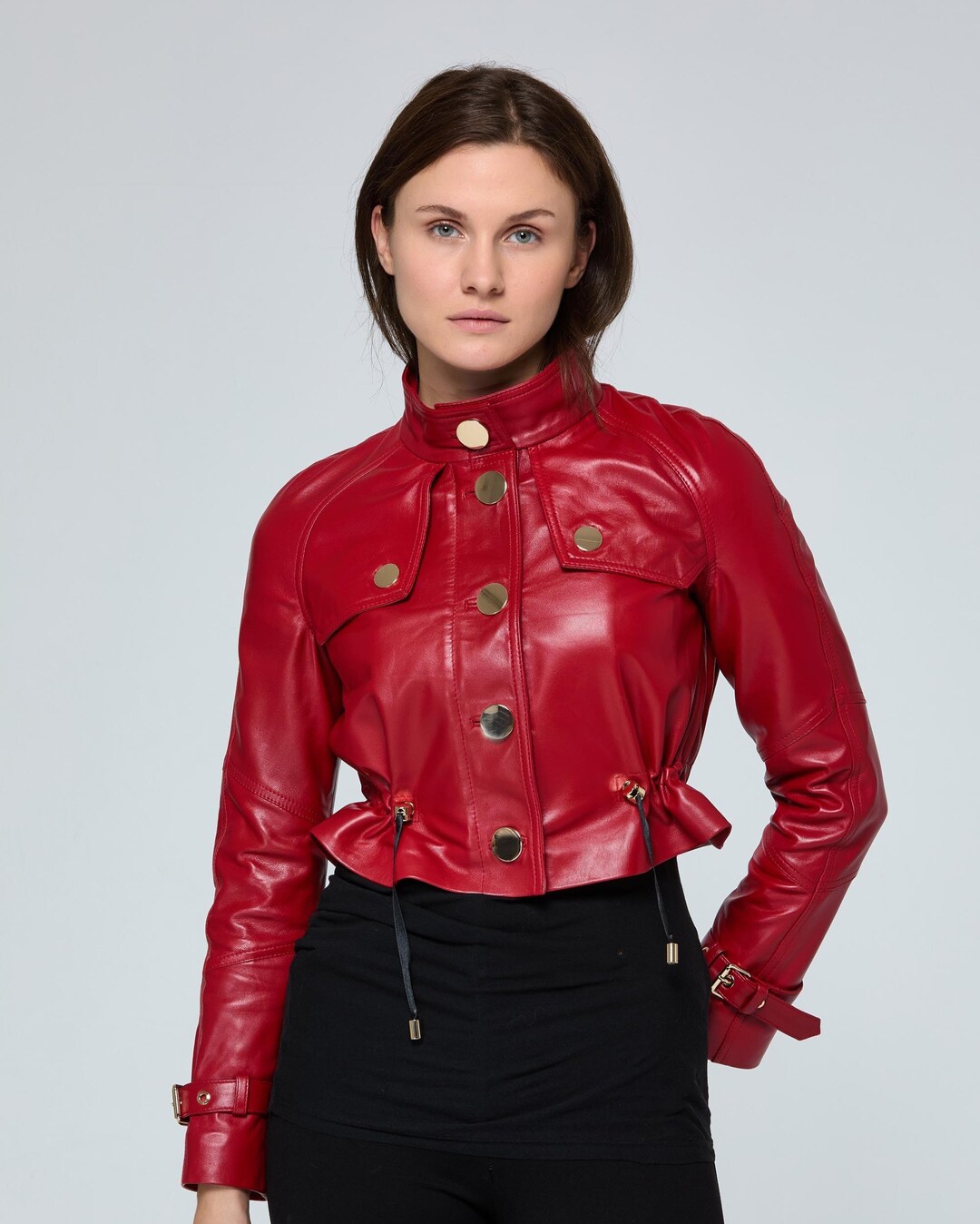 Cropped Leather Jacket , Women’s Red Short Jacket With Gold Buttons - Etsy