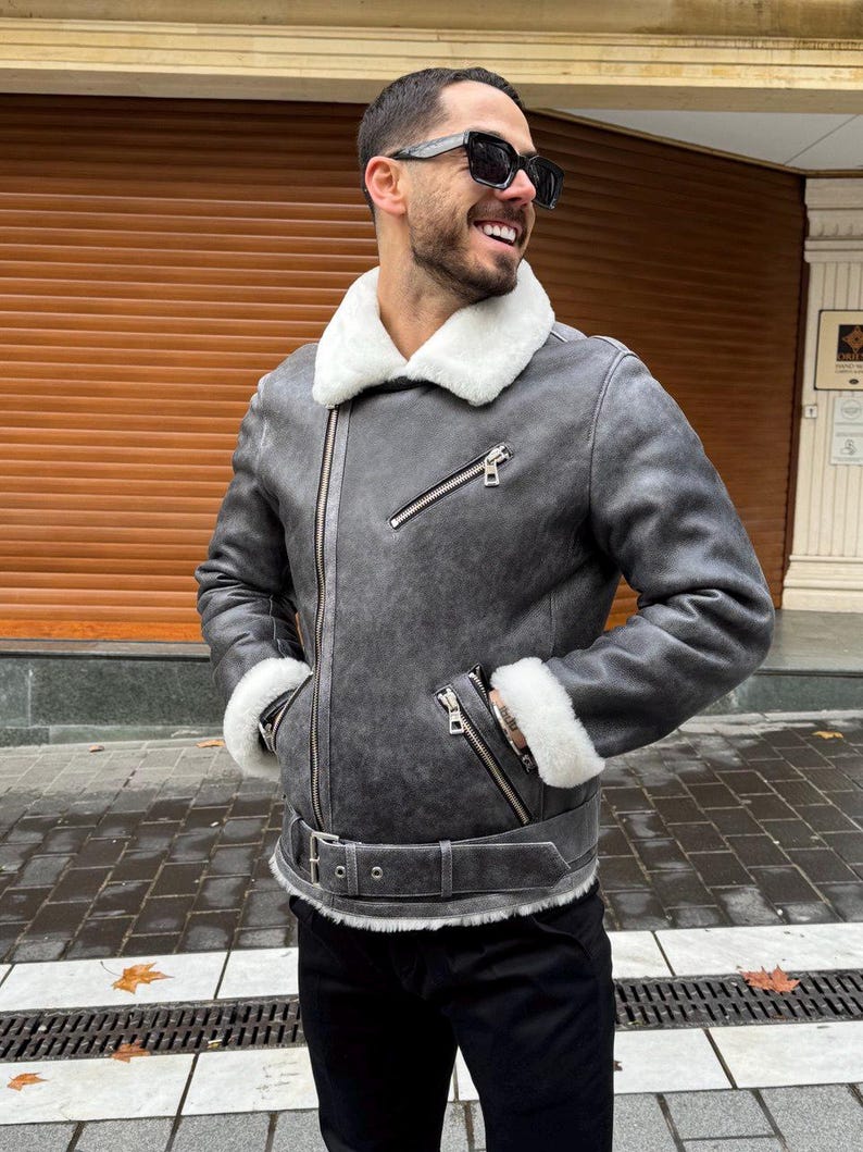 Handmade Shearling Leather Bomber Jacket Distressed Biker Coat for Men ...