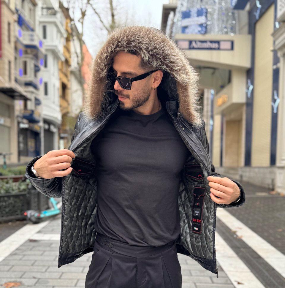 Men's Lambskin Leather Jacket With Genuine Fox Fur Trim – Quilted ...