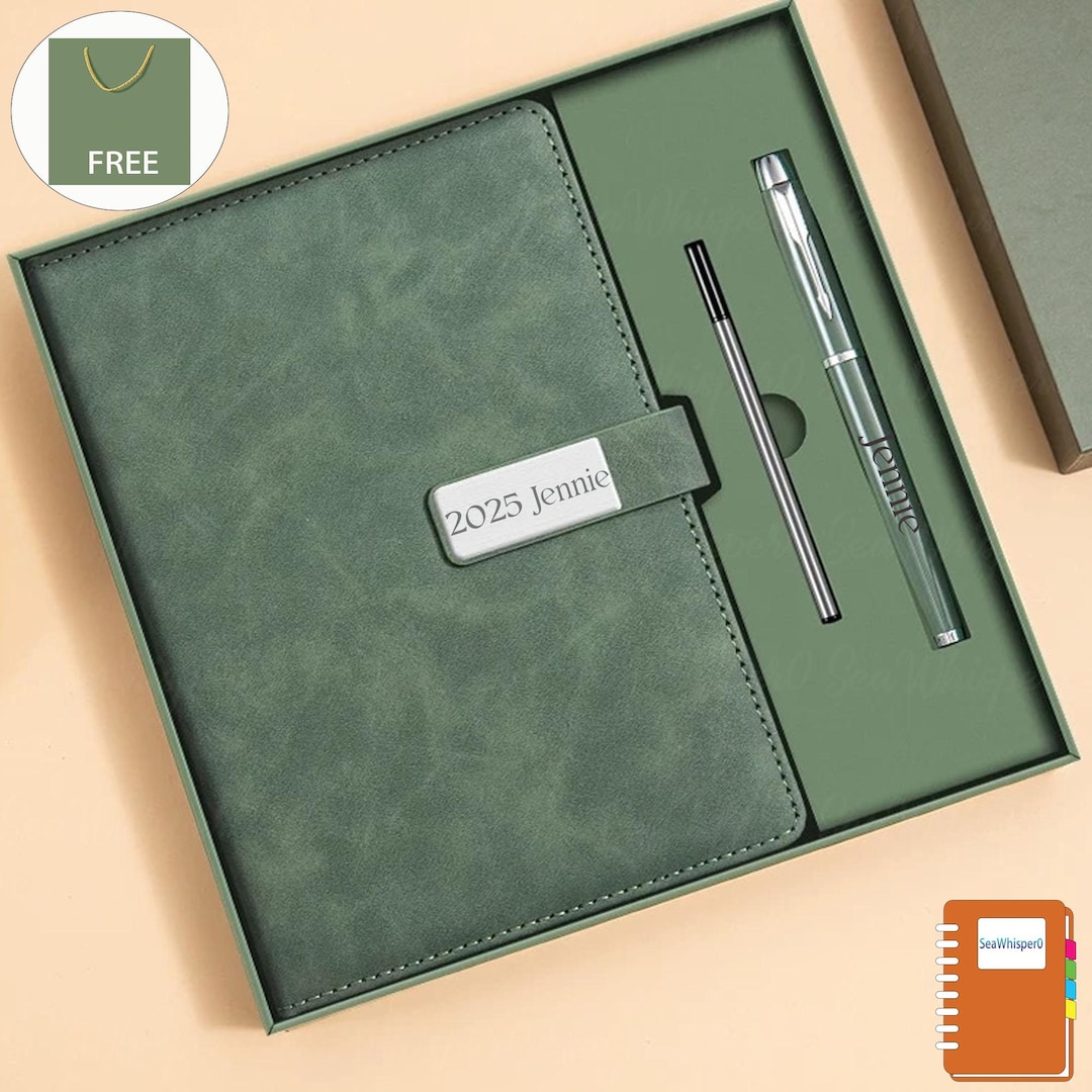 Personalized Leather A5 Notebook Set With Engraved Name, Custom Color ...