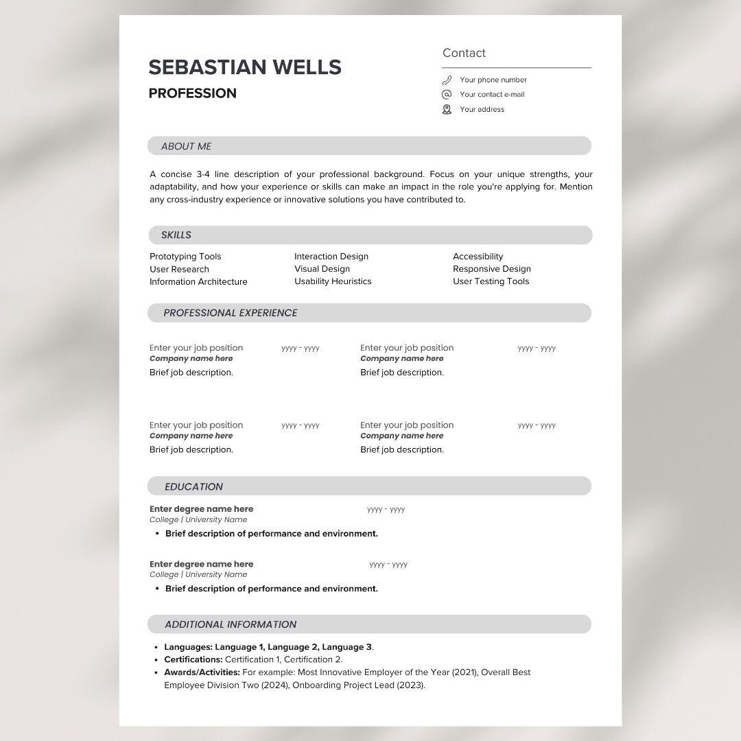 Editable RESUME Template. Minimalist, Elegant, Simple and Professional ...