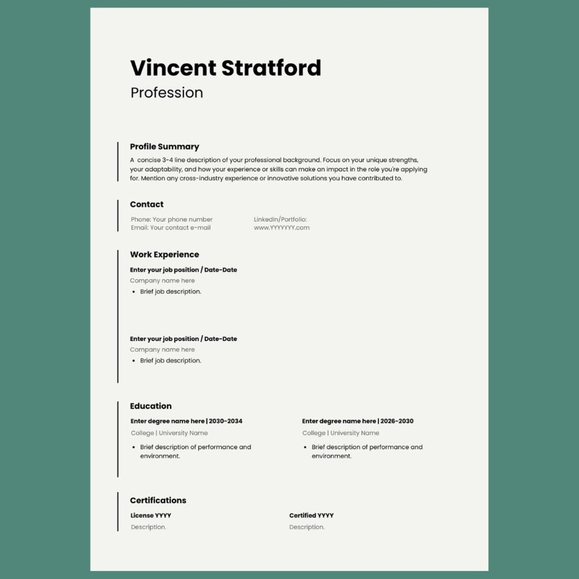 Editable RESUME Template. Elegant, Simple and Professional. CV Template ...