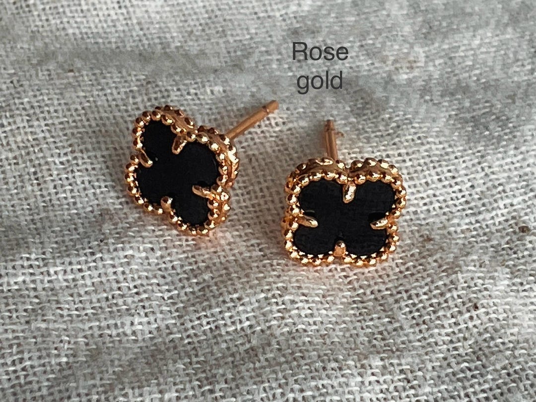 18k Solid Gold Black Onyx Clover Earrings 9mm | Mother of Pearl | Gift for Her | Real Gold ...