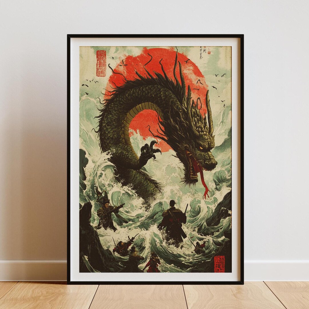 Oriental Dragon and Warrior Poster, Japanese Mythical Art Prints, Home ...
