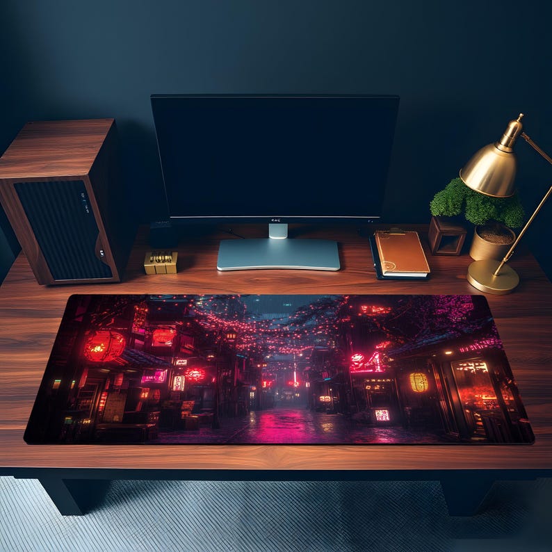 Cyberpunk Japan | Premium Anime Mouse Pad | Red Neon Lights Desk Mat ...