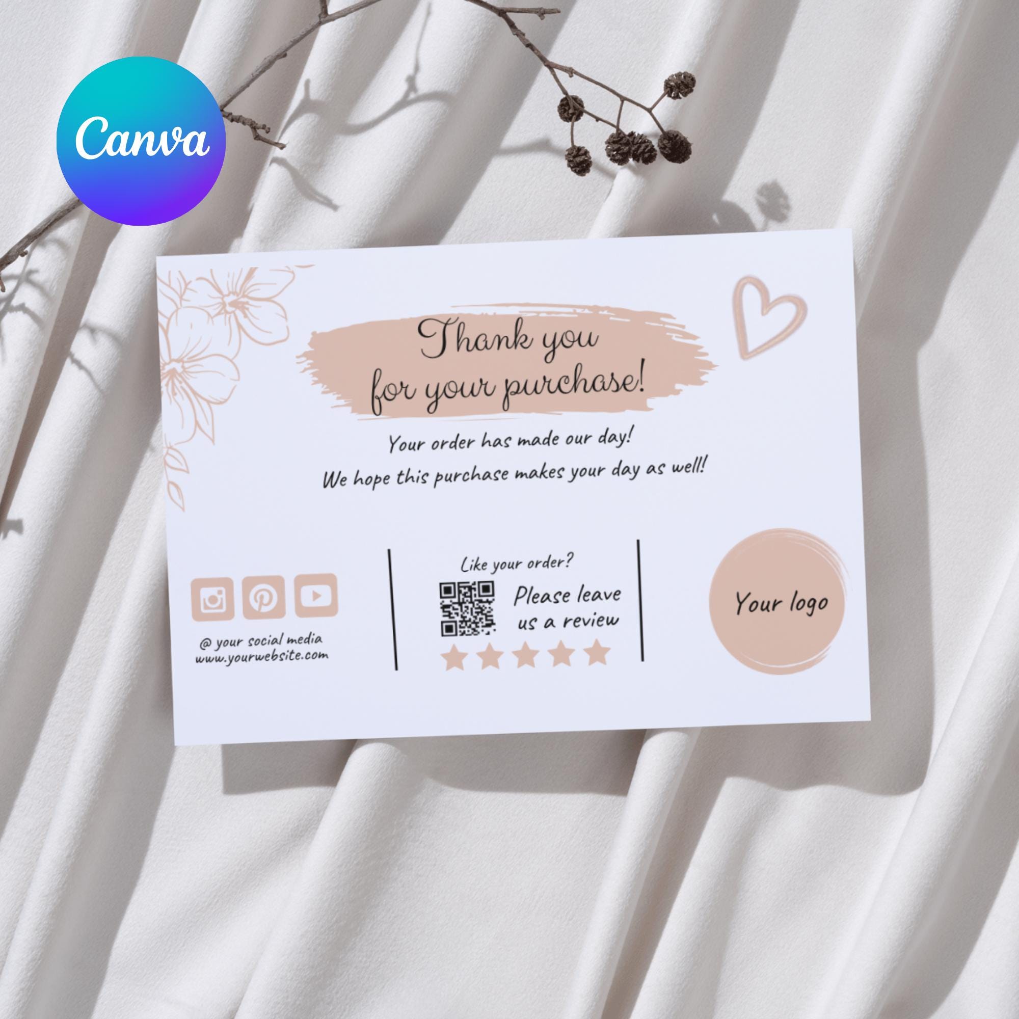 Editable Thank You for Your Purchase Card | Canva Template | Small ...