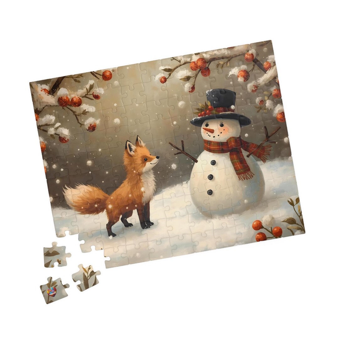 Fox and Snowman Puzzle | Winter Woodland Scene Jigsaw | Cozy Holiday ...
