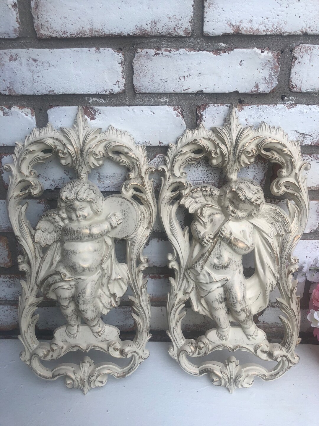 Pair of Vintage Gorgeous Cherub Angel Wall Plaques Wall Decor Shabby Chic Scrolly French ...