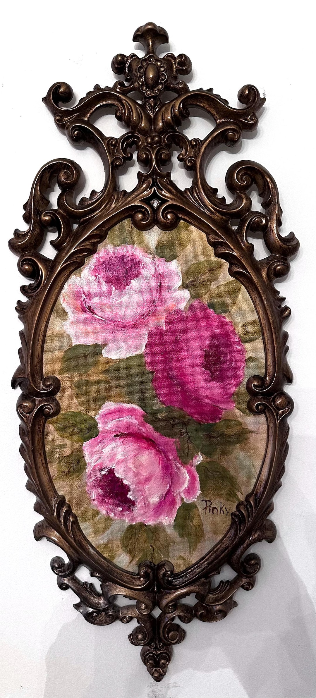 Stunning Scrolly Antique Gold Frame W/ Handpainted Pink Roses Art ...