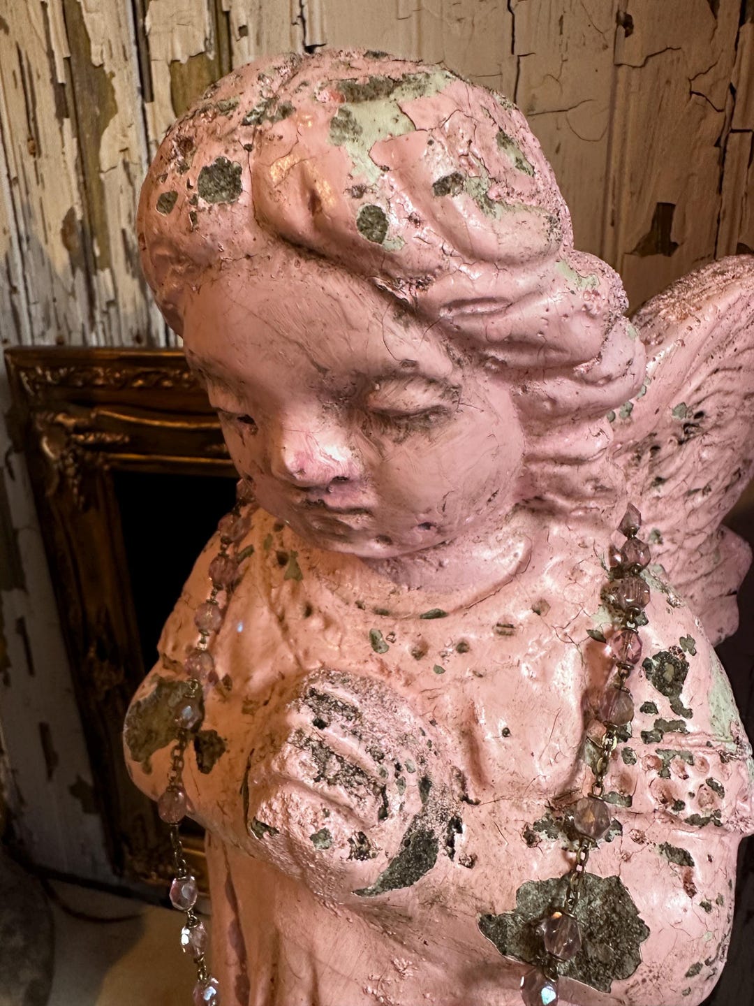 Fabulous Old Chippy Shabby Pink Angel Statue With Antique Crystal ...