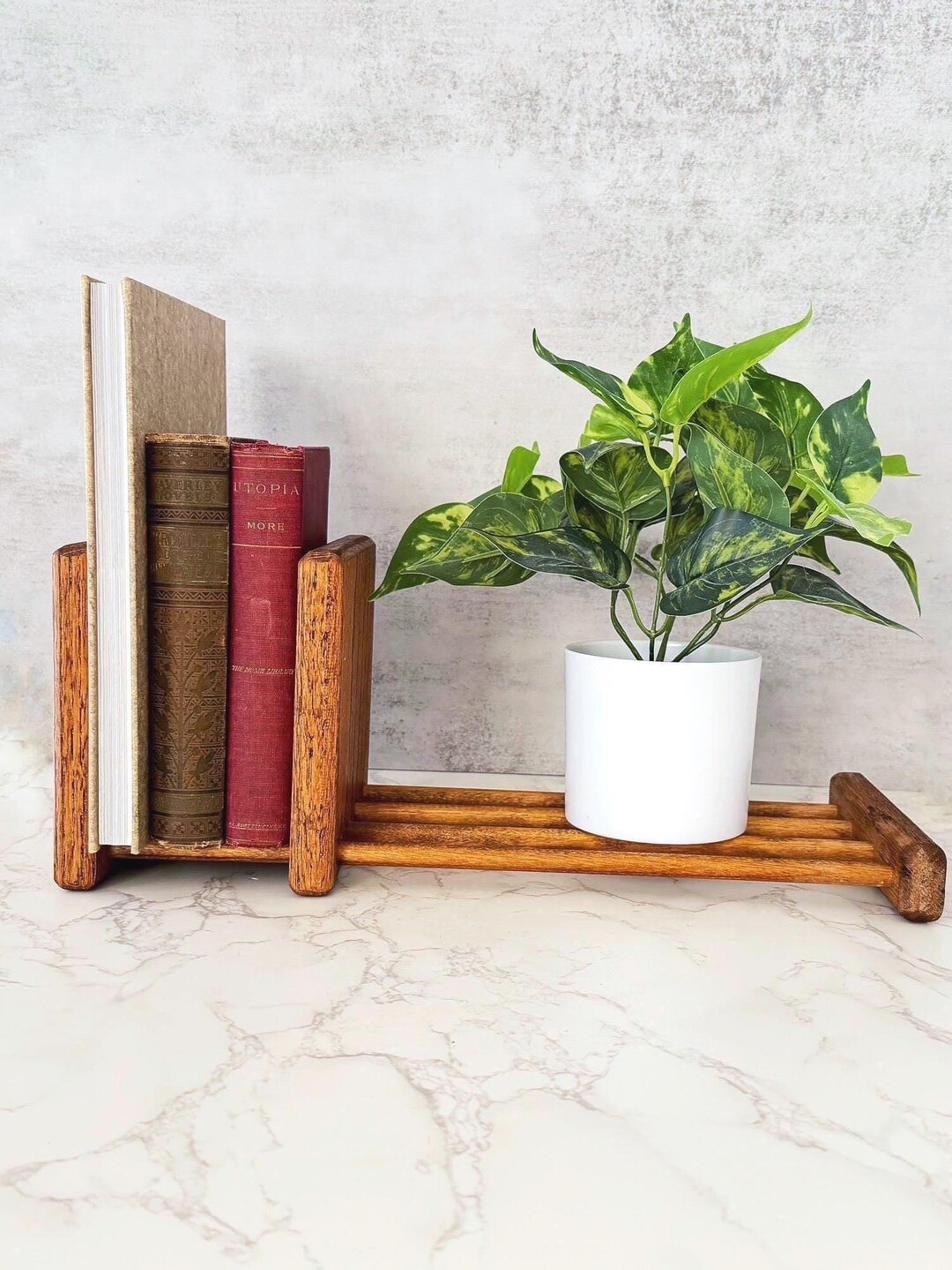 Mid-century Expandable Wood Book Rack: Sliding Bookends, Desktop ...