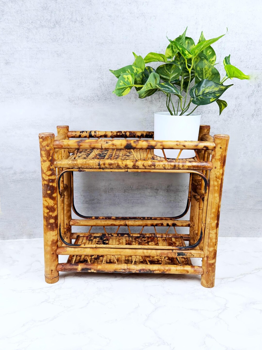 Vintage Burnt Bamboo Shelf Stand – Tortoiseshell Bamboo Display Rack - Etsy