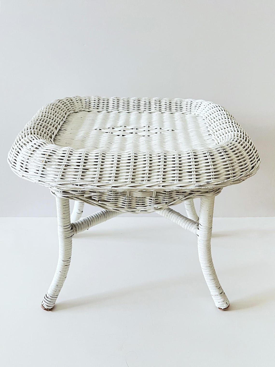 Vintage White Wicker Stool Side Table – Woven Plant Stand, Small Boho ...