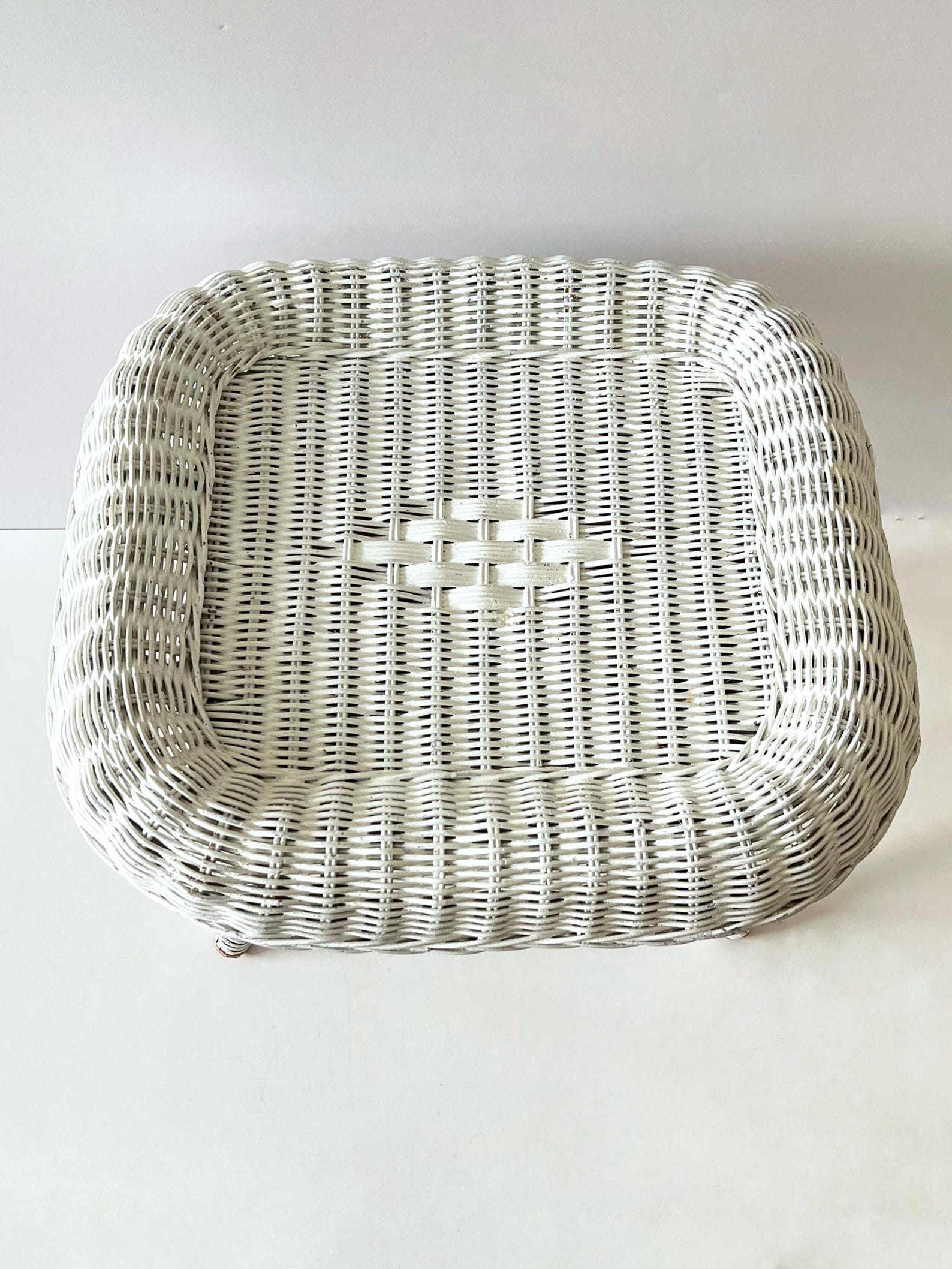 Vintage White Wicker Stool Side Table – Woven Plant Stand, Small Boho ...