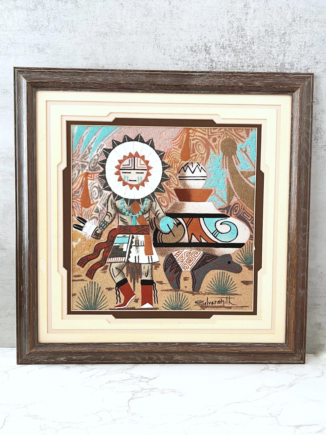 Vintage Navajo Sand Painting - Framed Native American Art, Signed by ...