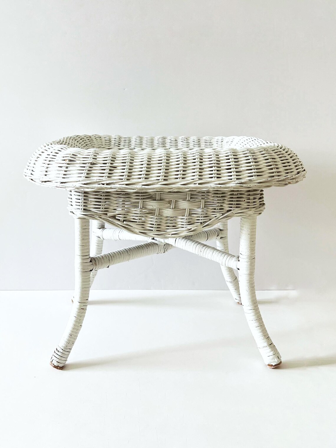 Vintage White Wicker Stool Side Table – Woven Plant Stand, Small Boho ...